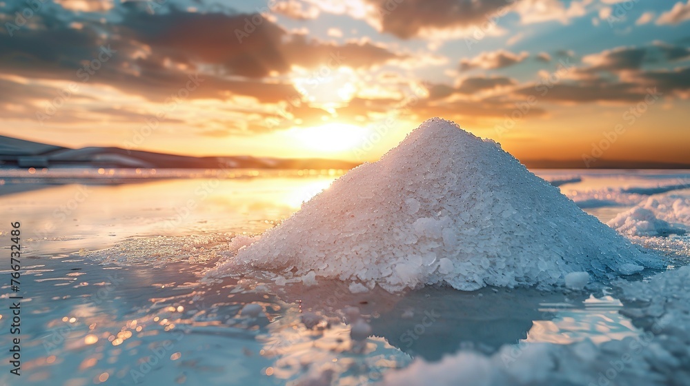 Sea salt farm. Pile of white salt. Raw material of salt industrial ...