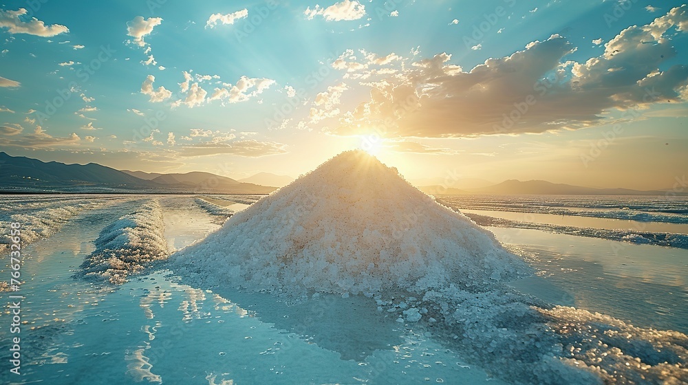 Sea salt farm. Pile of white salt. Raw material of salt industrial ...