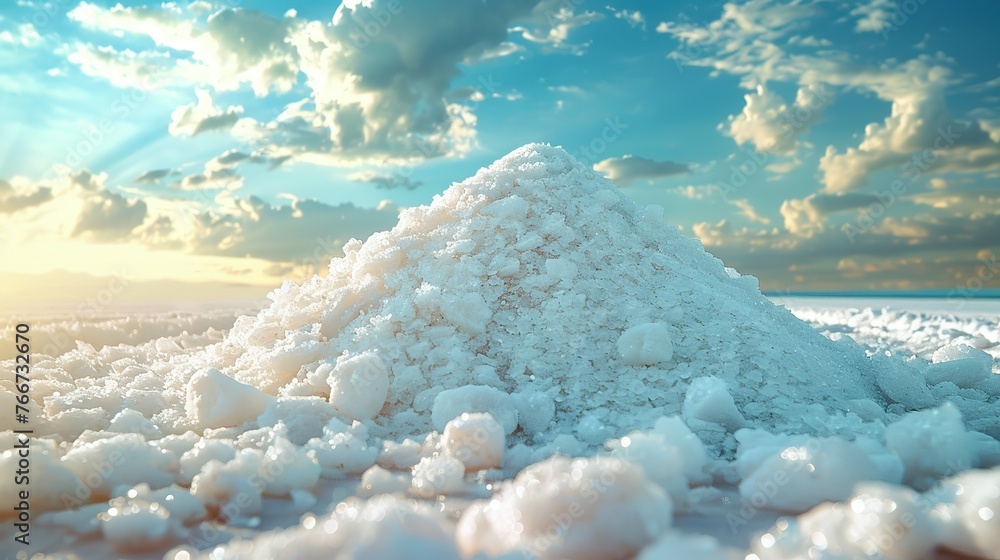 Sea salt farm. Pile of white salt. Raw material of salt industrial ...