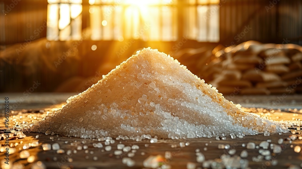 Sea salt farm. Pile of white salt. Raw material of salt industrial ...