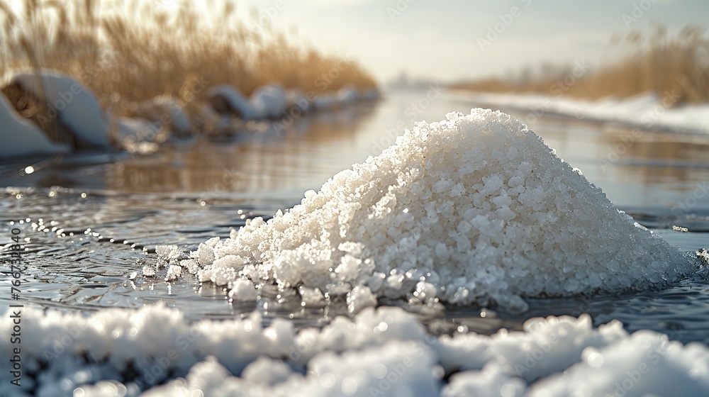 Sea salt farm. Pile of white salt. Raw material of salt industrial ...