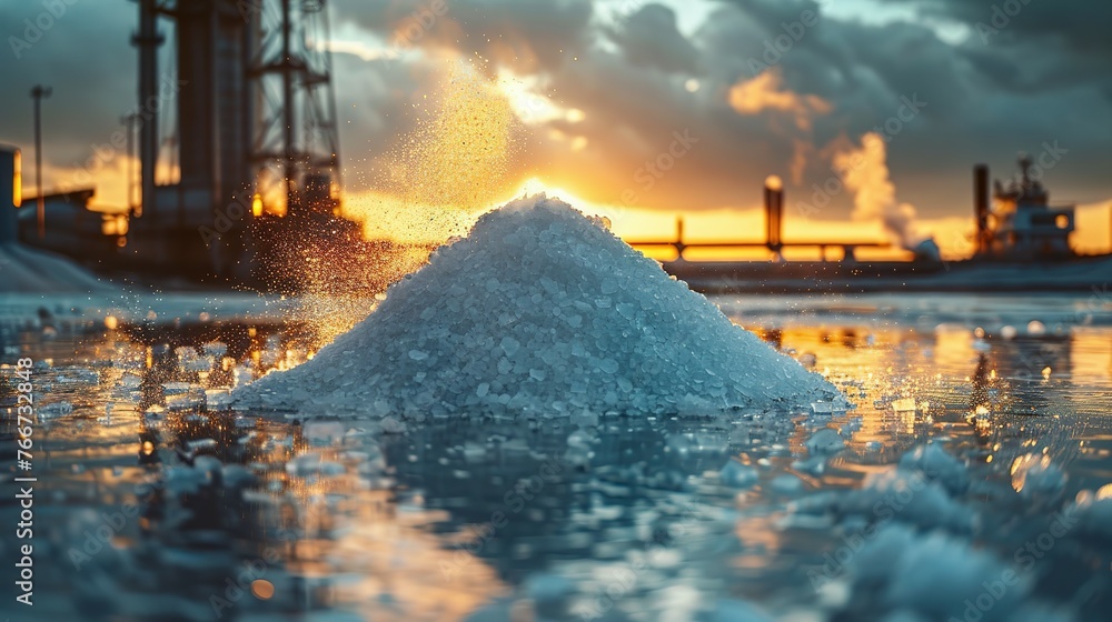 Sea salt farm. Pile of white salt. Raw material of salt industrial ...