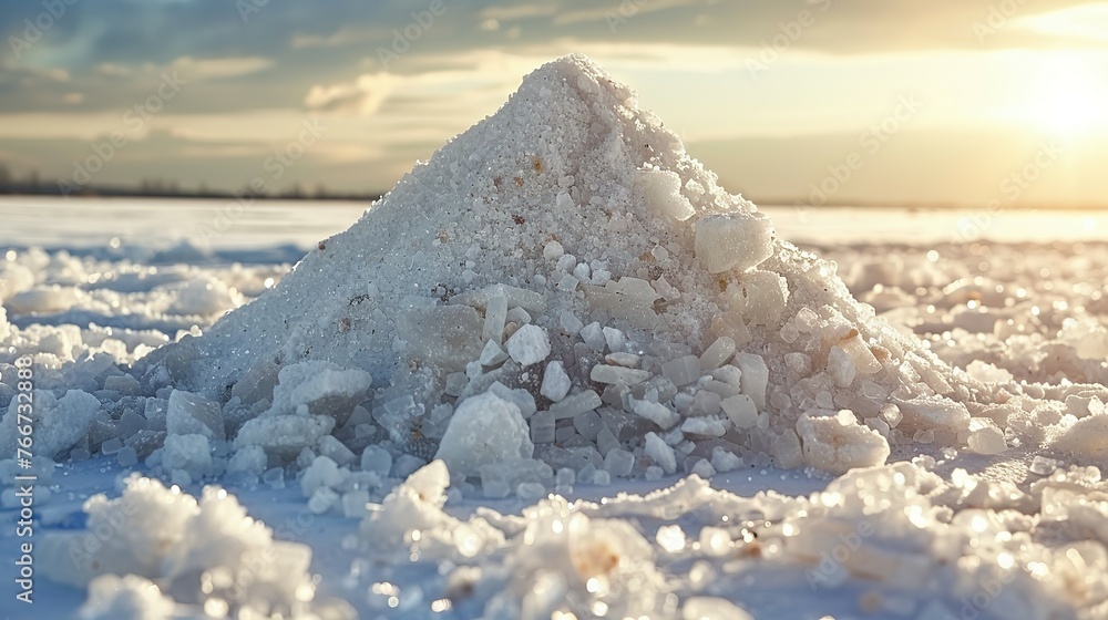 Sea salt farm. Pile of white salt. Raw material of salt industrial ...