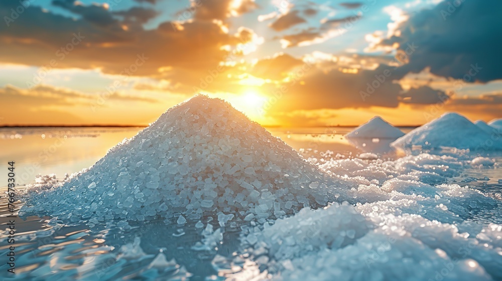 Sea salt farm. Pile of white salt. Raw material of salt industrial ...