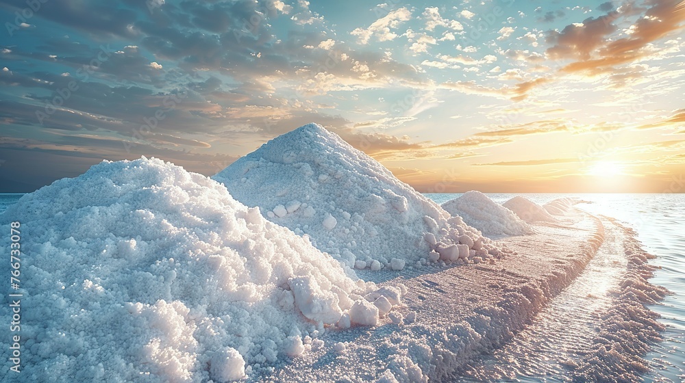 Sea salt farm. Pile of white salt. Raw material of salt industrial ...