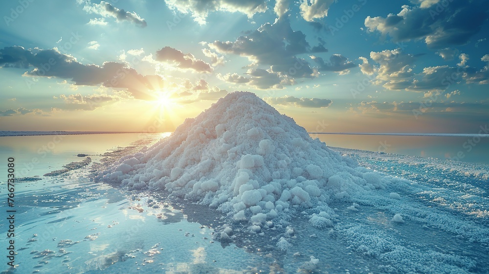 Sea salt farm. Pile of white salt. Raw material of salt industrial ...
