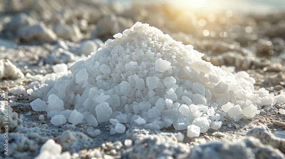 Sea salt farm. Pile of white salt. Raw material of salt industrial ...