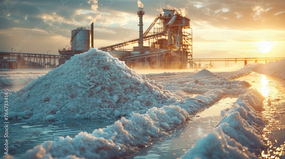 Sea salt farm. Pile of white salt. Raw material of salt industrial ...