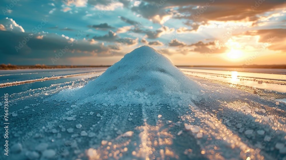 Sea salt farm. Pile of white salt. Raw material of salt industrial ...