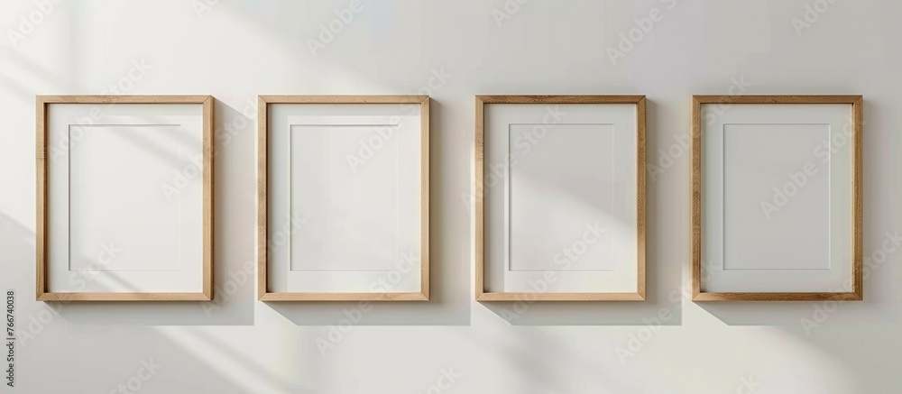 Four square frames with mats, displayed on a white wall. Wooden frame ...