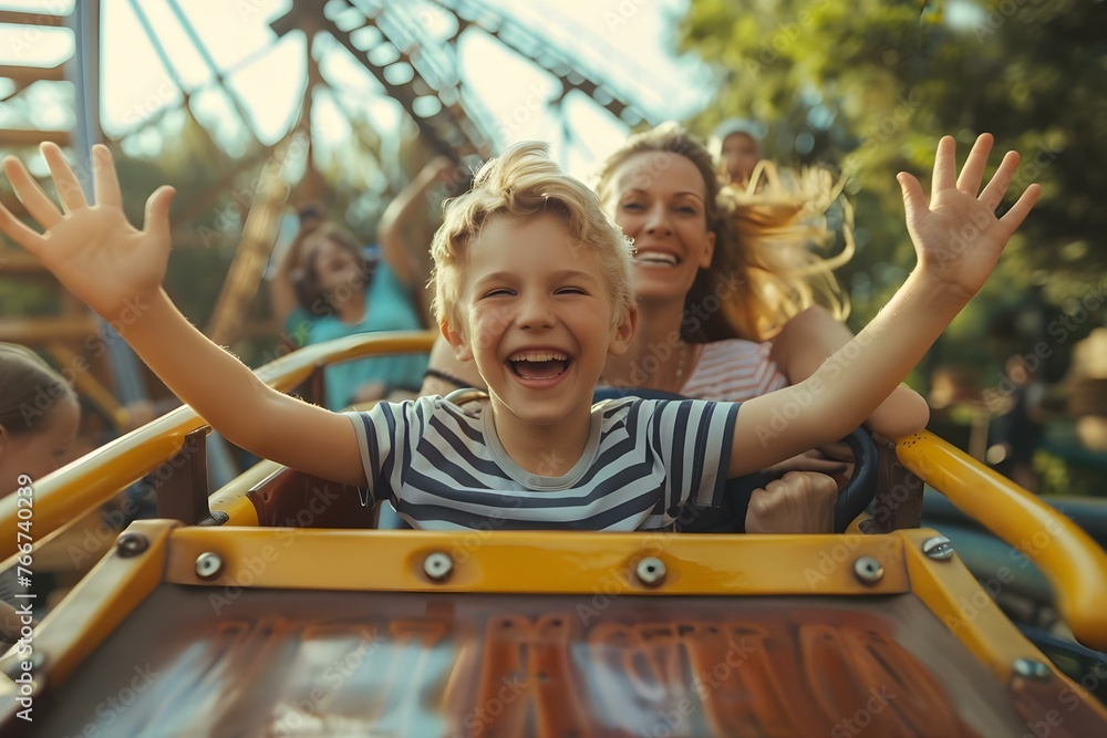 Thrilling rollercoaster ride at an amusement park brings joy to two ...