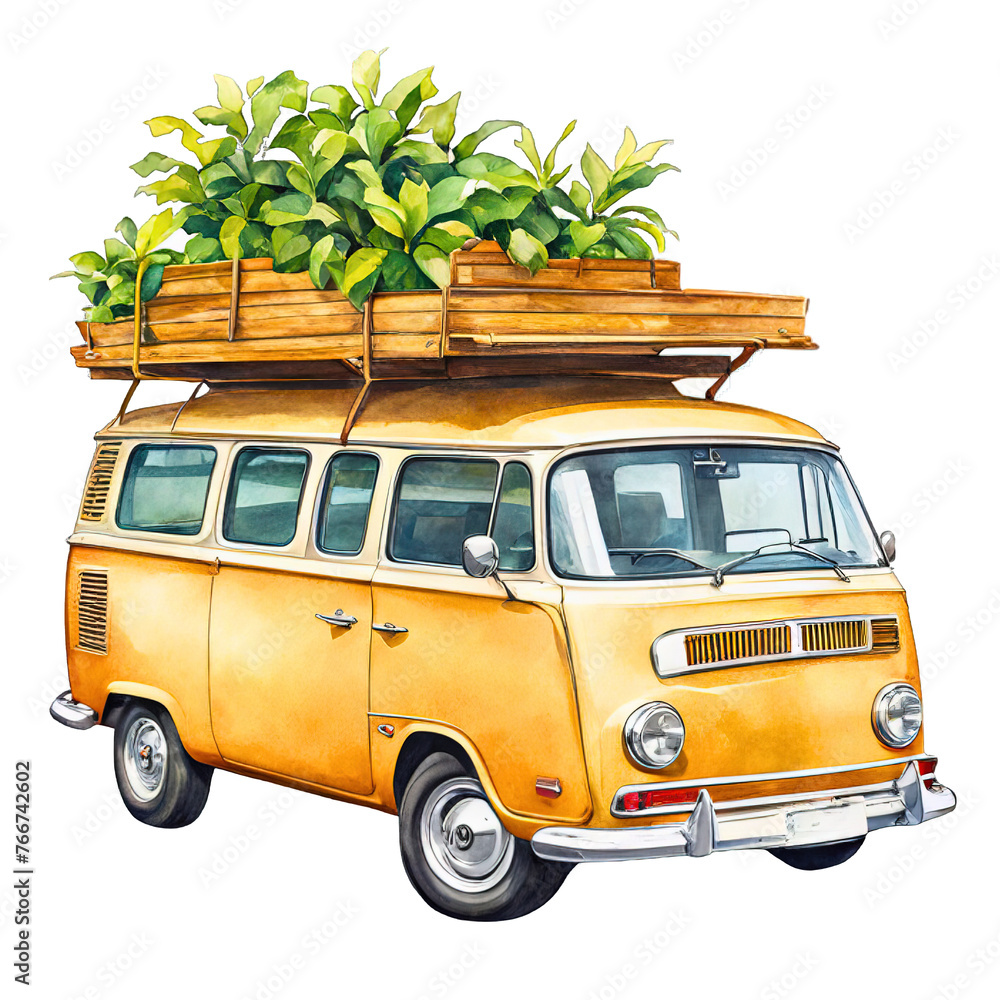 Minivan Filled With Leaves Watercolor Illustration Transportation