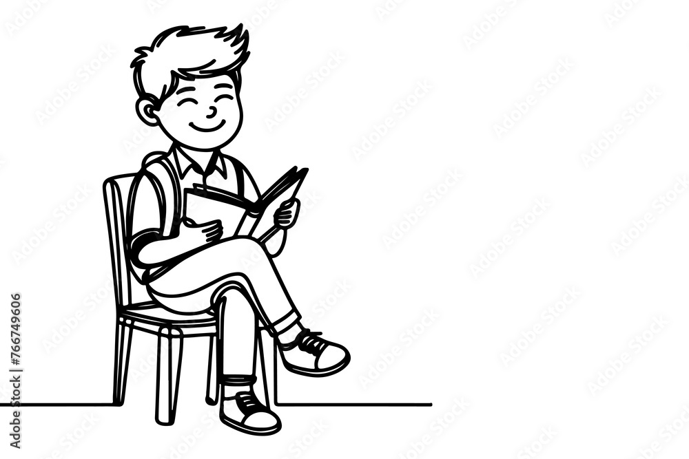 one continuous black line drawing young school boy back to school ...