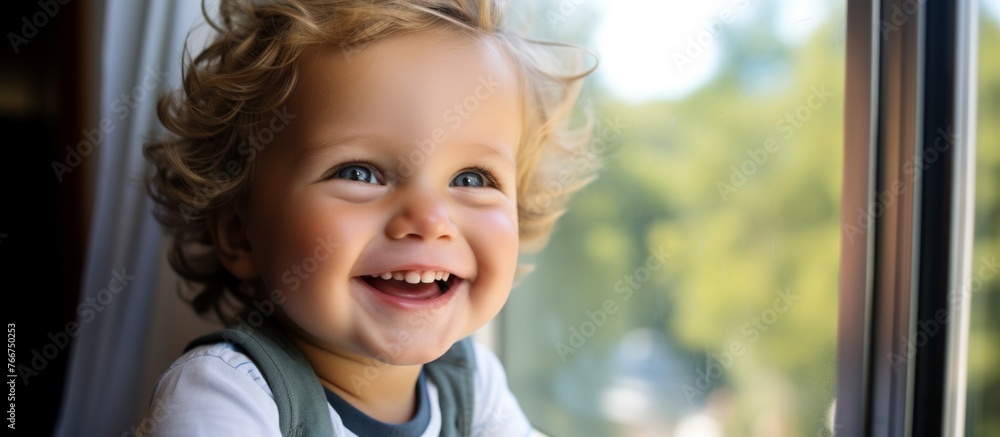 A happy toddler with a big smile is gazing out the window, their nose ...