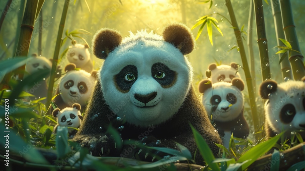 A display of photorealistic pandas, each with distinctive black and ...