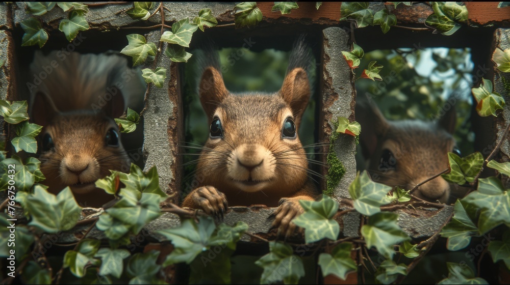 Curious squirrels peeking through ivy-covered lattice, suitable for ...