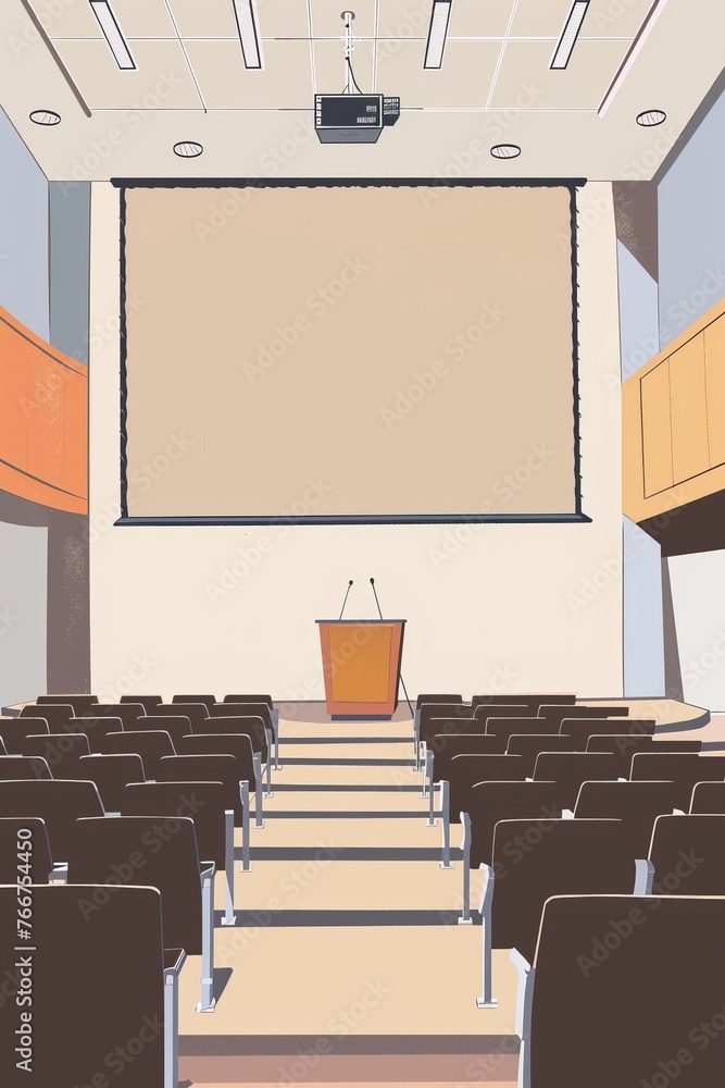 An illustration of an empty lecture hall with tiered seating, a podium ...