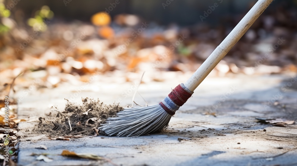 Sweep debris from the walkway with a coconut broom. Get rid of trash to ...