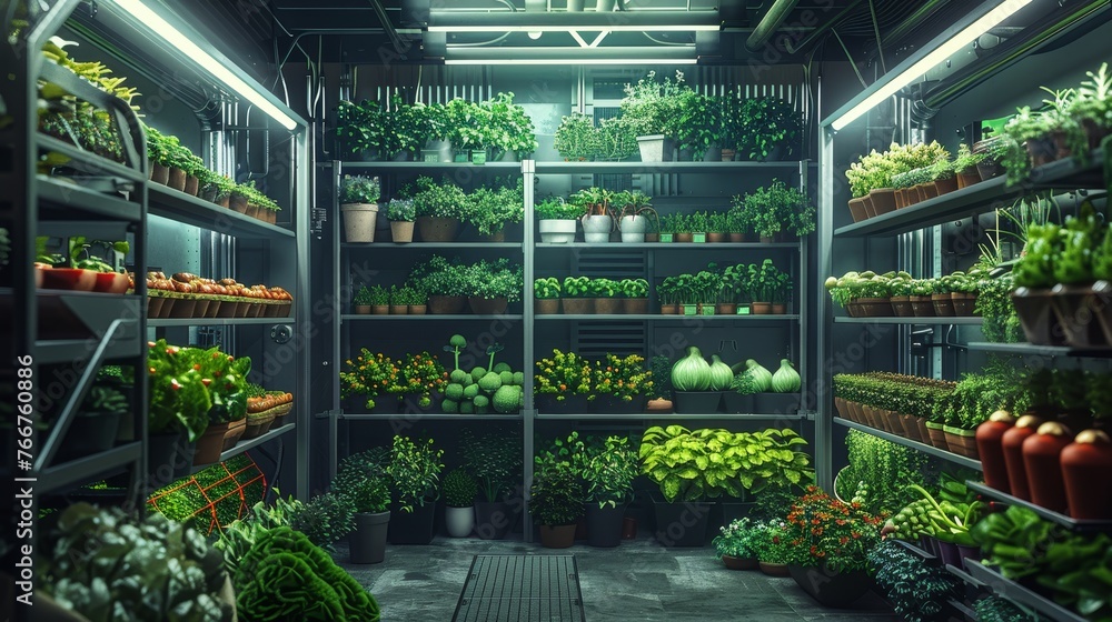 A digital illustration of a minimalist indoor farm with vertical ...