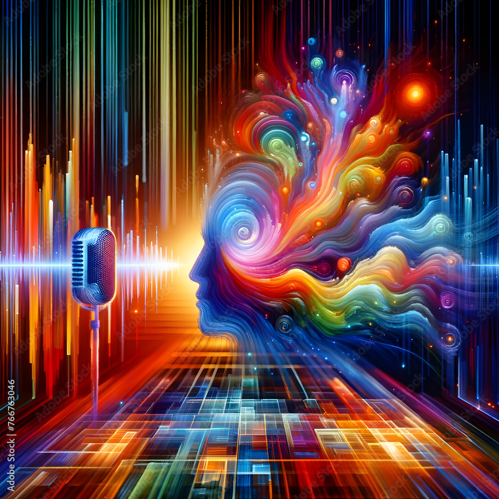 An abstract depiction of the concept of voice-to-text recognition ...