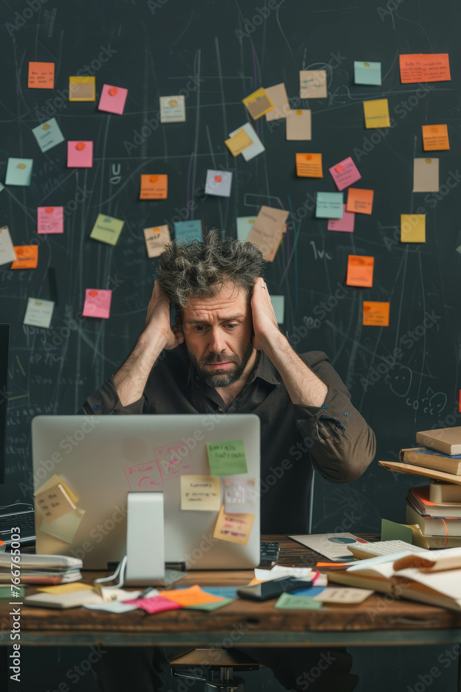 Experience the stress of a cluttered workspace as a man struggles to ...