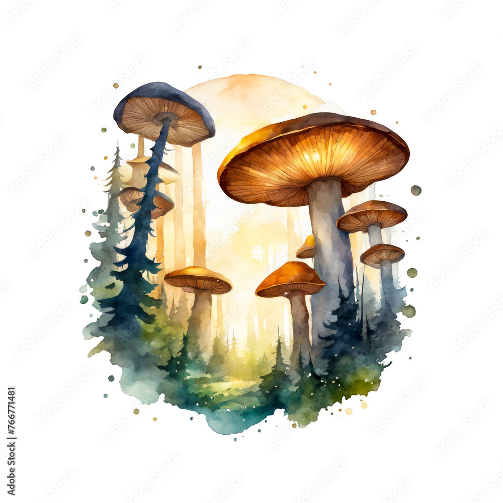 Mushrooms with forest in background, watercolor illustration, brown ...