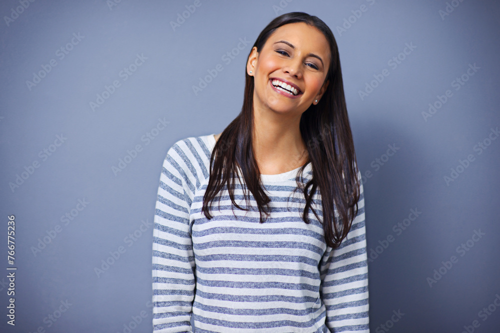 Woman, happy and laugh in studio portrait for funny joke, humor and ...