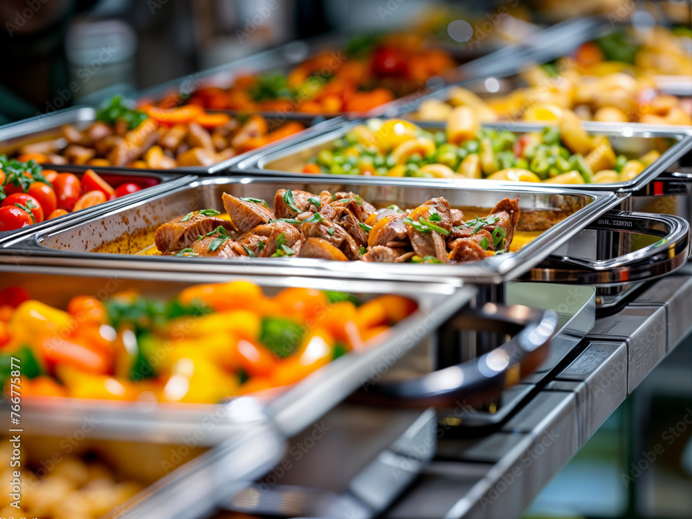 close-up food in trays in a cantine or lunch / dinner buffet in a ...