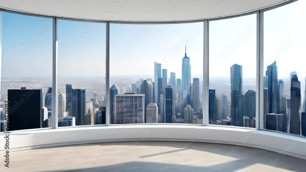 Interior skyscrapers view cityscape mockup of a blank room with a white ...