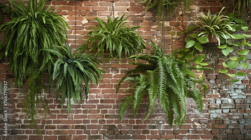 A weathered brick wall with a variety of hanging plants including ...
