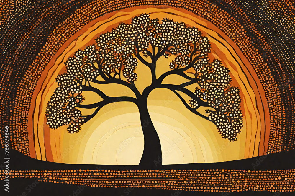 Tree on the hill, Aboriginal tree, Aboriginal art vector painting with ...