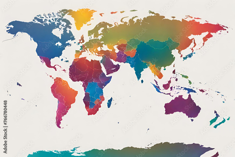 Colorful continents world map illustration. Africa , Australia ,America ...
