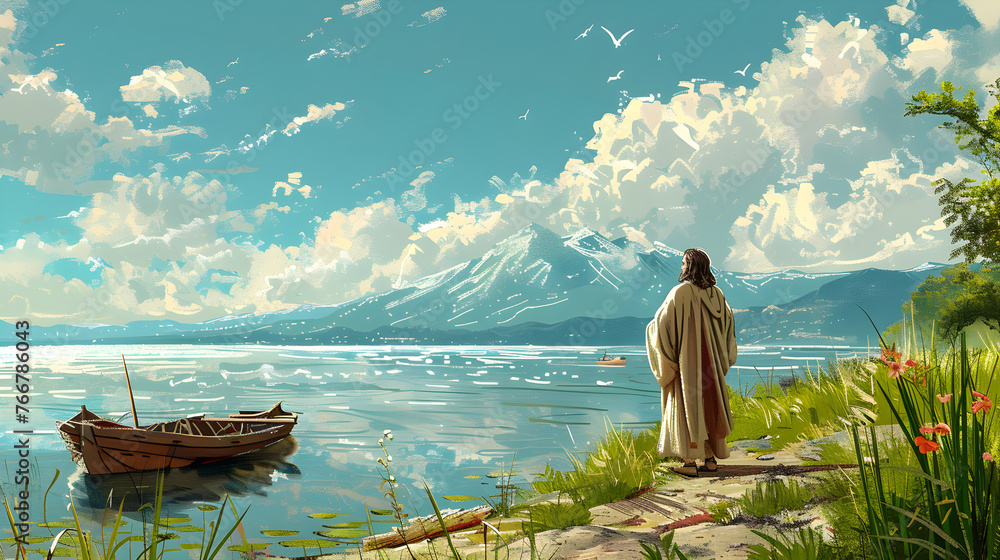 A biblical illustration of Jesus Christ preaching on the shore of a ...