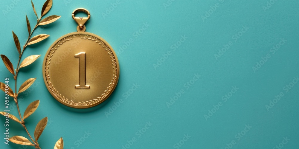 Golden First-Place Medal with Laurel Wreath on Teal Background Stock ...