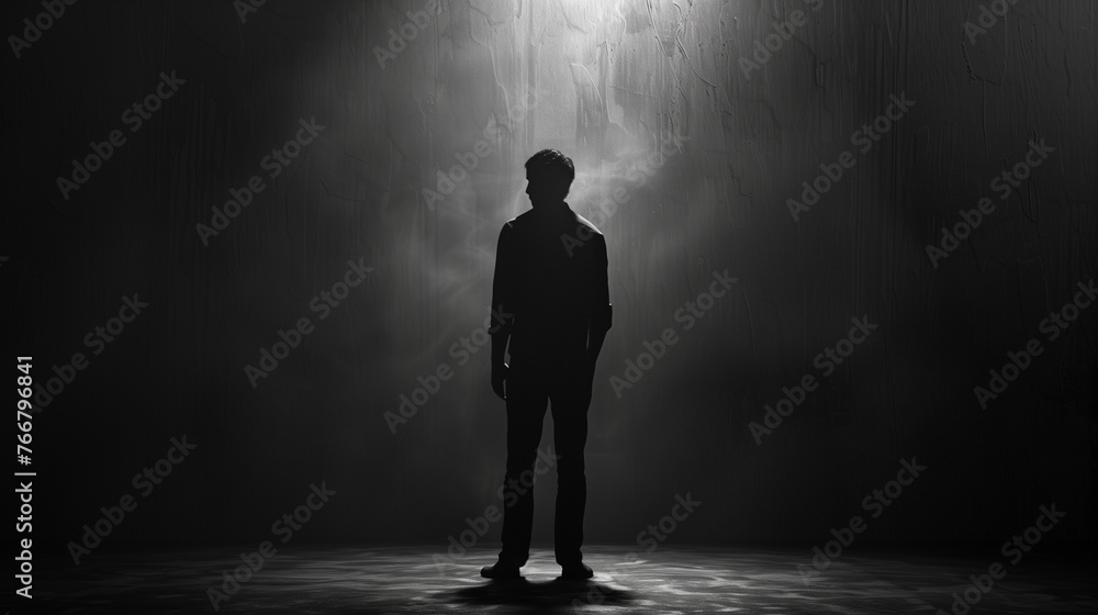 the minimalist sad man standing alone in a dark room, his silhouette ...