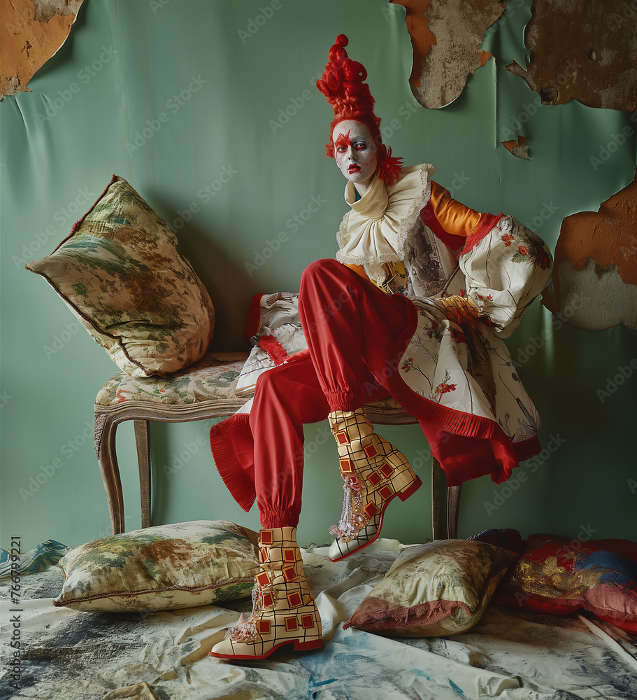 Unique model in haute couture outfits made of colorful floral patterns ...