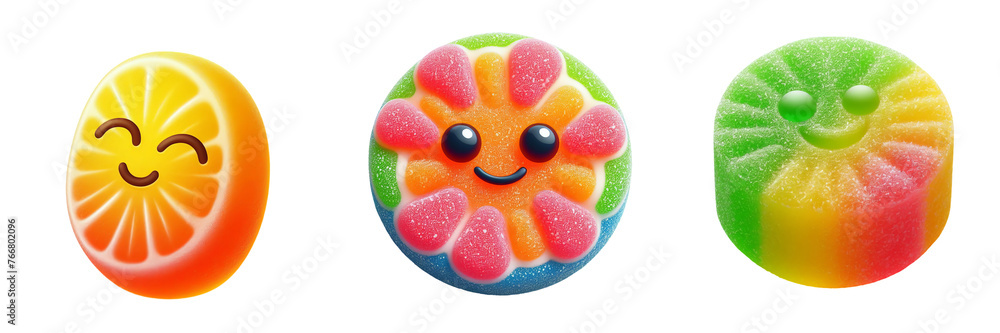 Set of colorful tasty candies Happy face, Gummy sugar candy toffee on ...