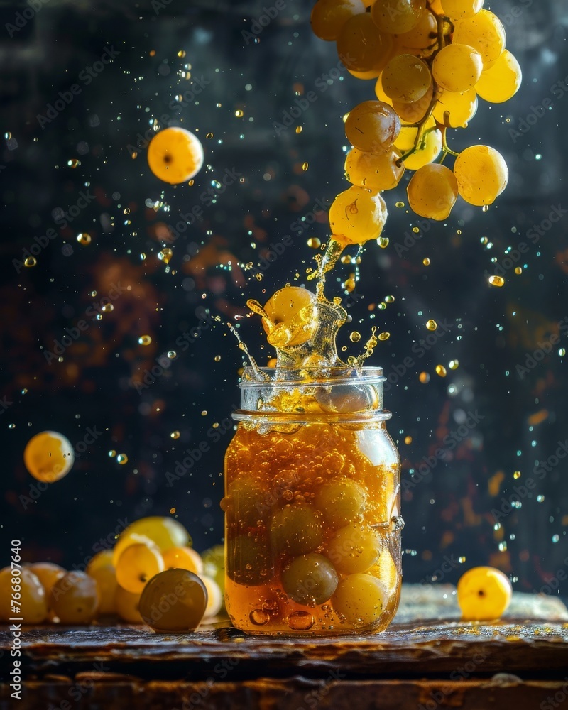 Fresh grapes splashing in jar of juice. Dynamic image showcases grapes ...