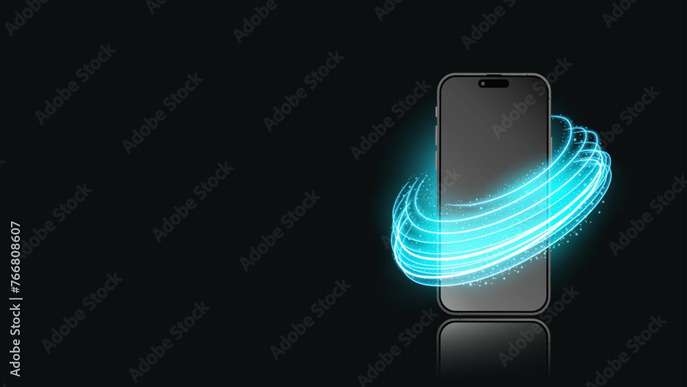Smartphone with neon light glow effect. Mockup of mobile phone with ...