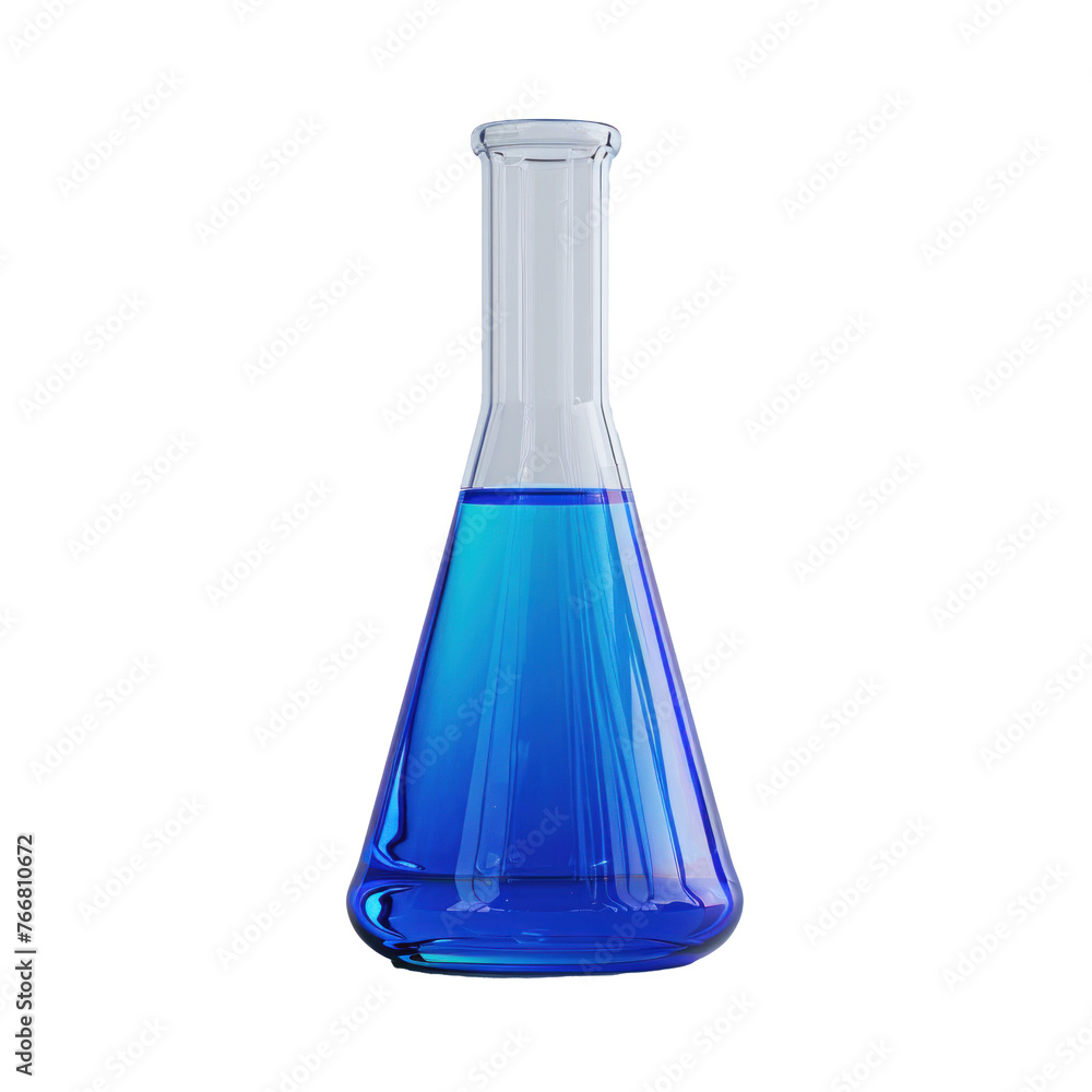 A blue liquid in a glass beaker. The beaker is tall and narrow isolated ...