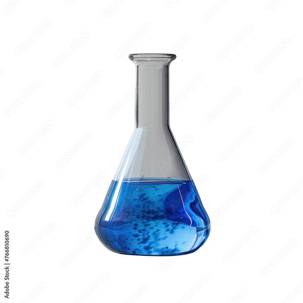 A blue liquid in a glass beaker. The beaker is tall and narrow isolated ...