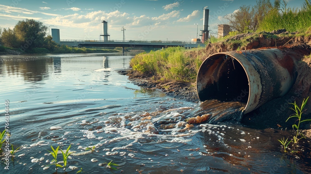 industrial and factory wastewater discharge pipe into the canal and sea ...