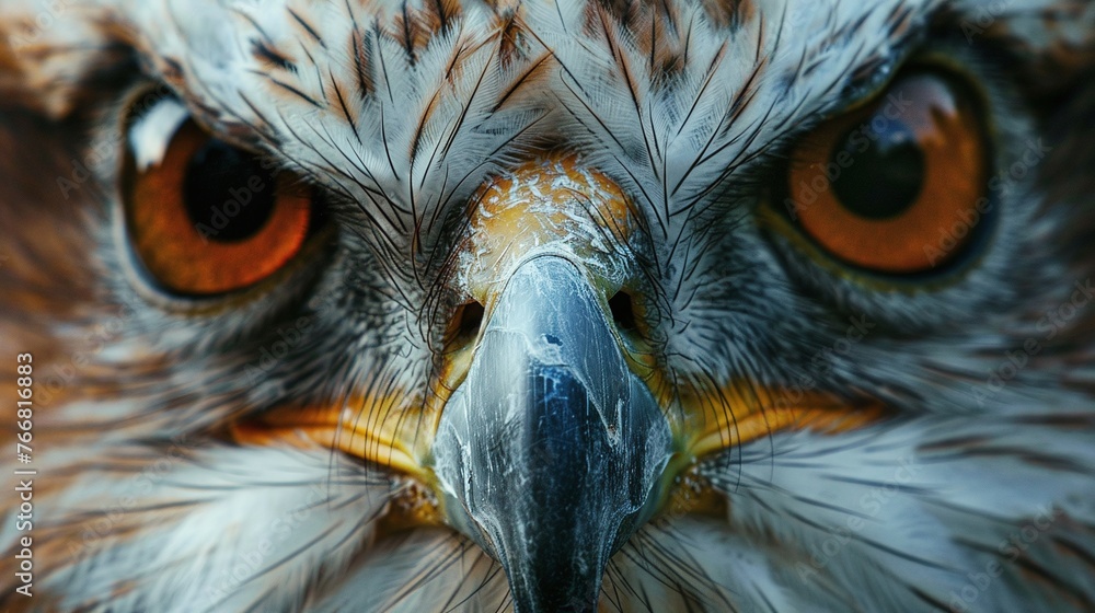 powerful hawk eagle face closeup, fierce predator with sharp beak and ...