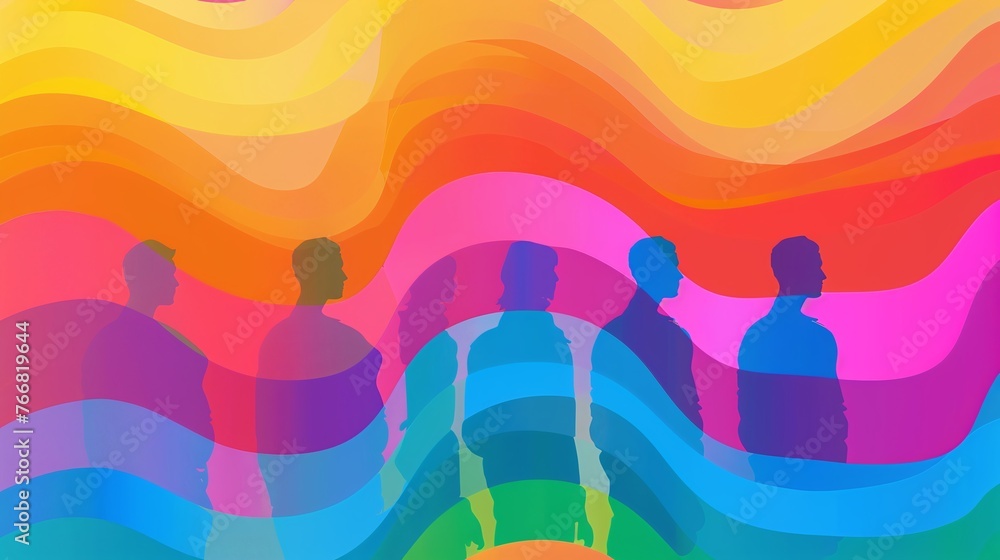 rainbow flag colors and abstract shapes with people silhouettes for ...
