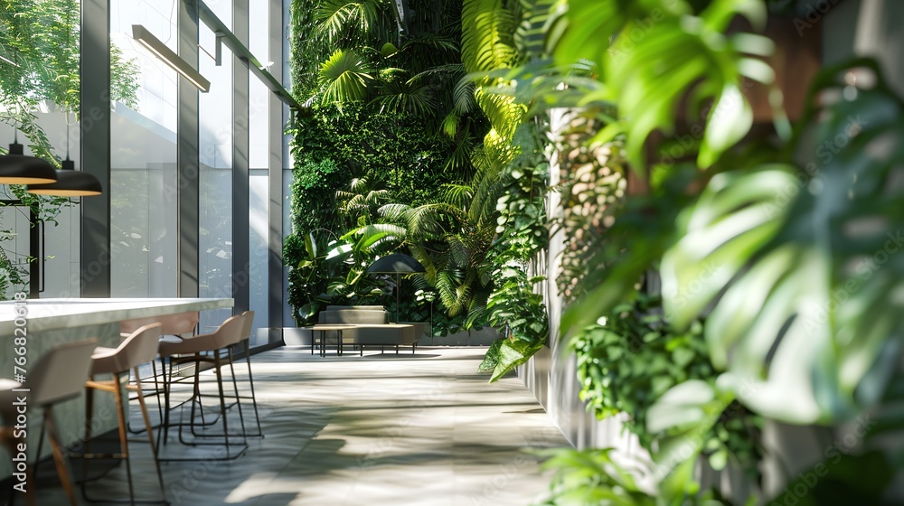 modern open plan area with urban eco friendly vertical garden indoors ...