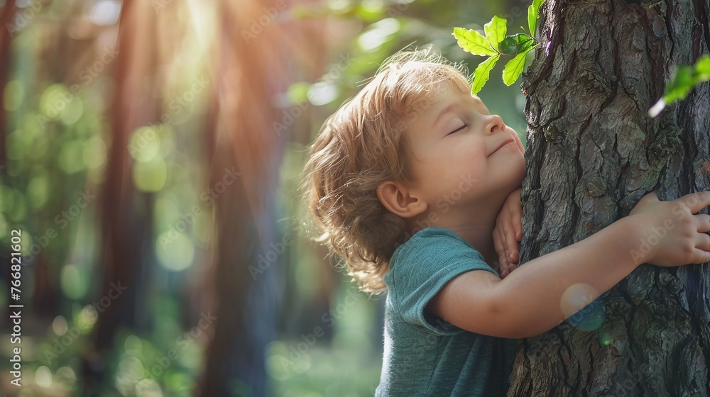 child embracing a tree in an outdoor forest representing net zero and ...