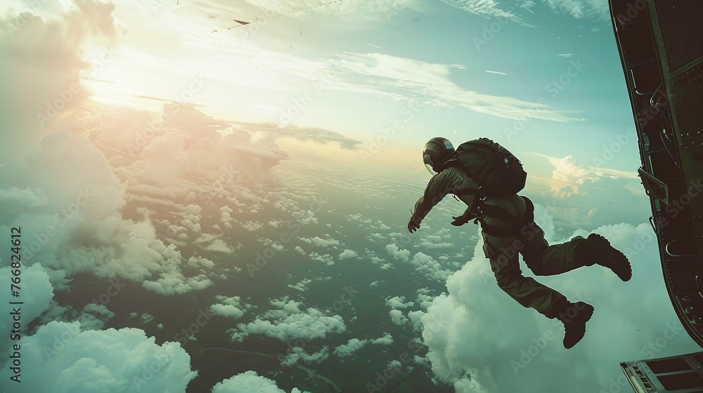 adventurous man jumping from a jet with parasuit skydiving high above ...