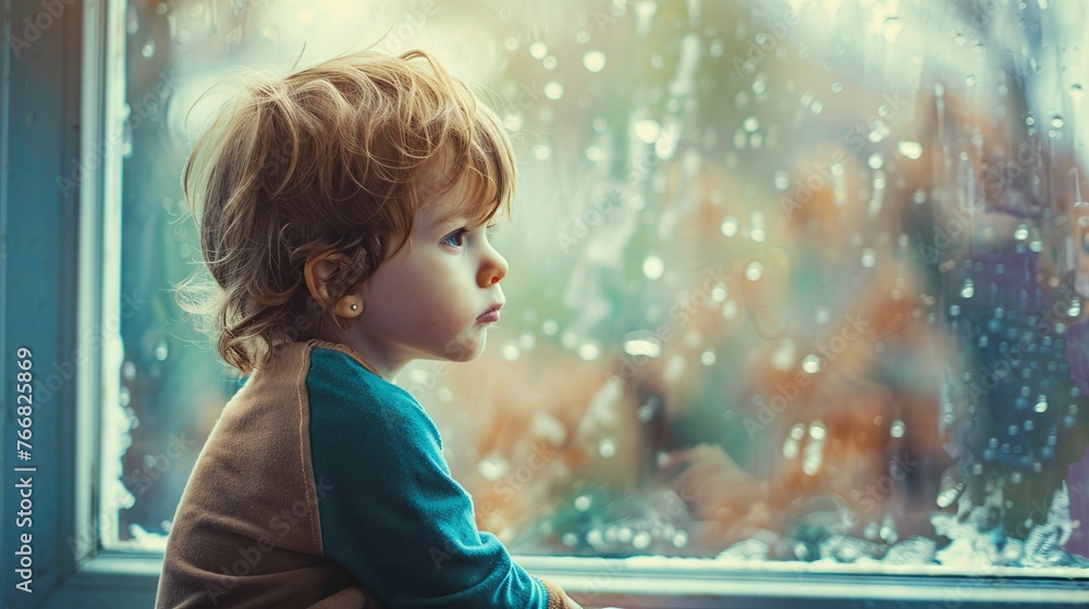 sad child sitting by window sill feeling lonely and pensive reflecting ...