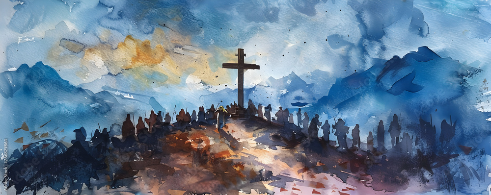 A watercolour painting of the crucifixion on Mount Calvary ...