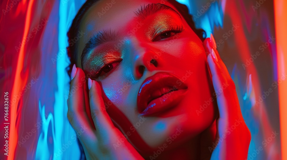 fashion portrait of biracial woman with dark hair and red lips ...